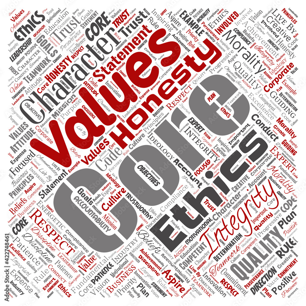 Vector conceptual core values integrity ethics square red concept word ...