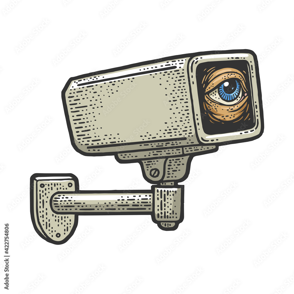 Surveillance Camera with eye color sketch engraving vector illustration ...