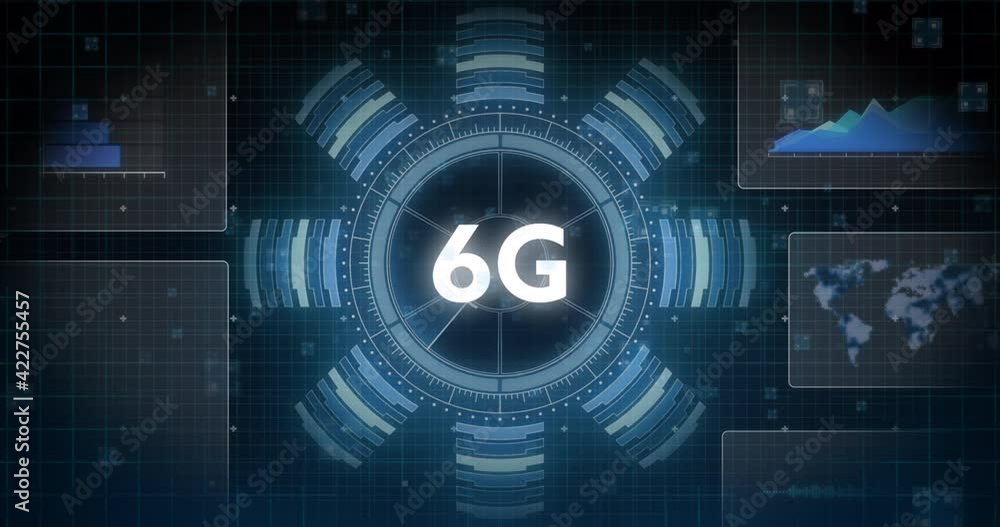 Animation of 6g text with scope scanning and data processing on screens over grid Stock Video ...