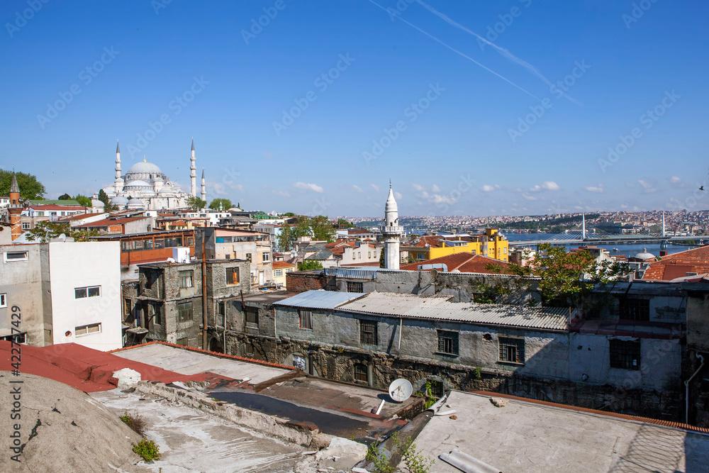 View of the Suleymaniye Mosque and the Golden Horn Bridge from the roof ...