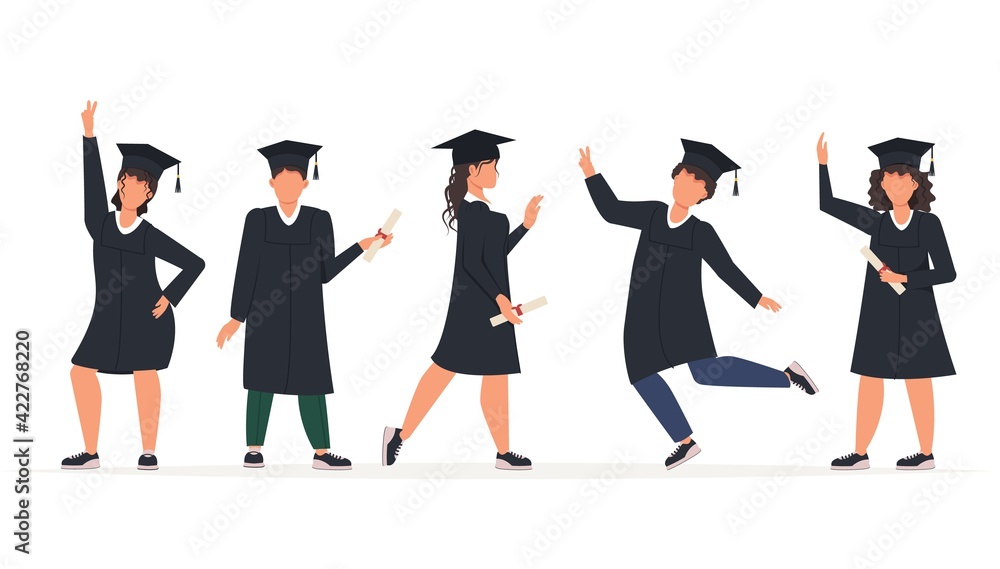 Group of happy graduated students wearing academic dress, gown or robe ...