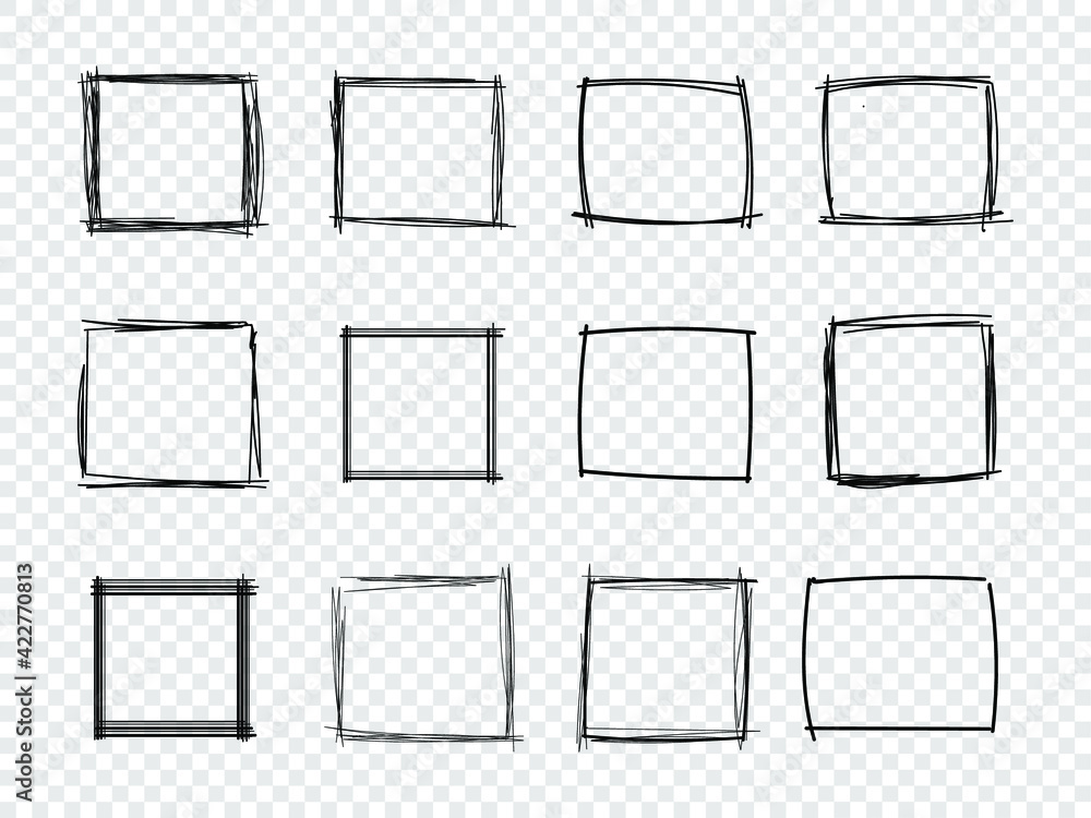 Vector Drawn Scribble Square Frames Isolated on Light Transparent ...
