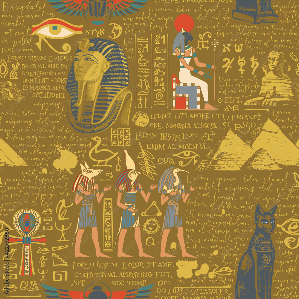 Vector seamless pattern on the theme of Ancient Egypt with color images ...