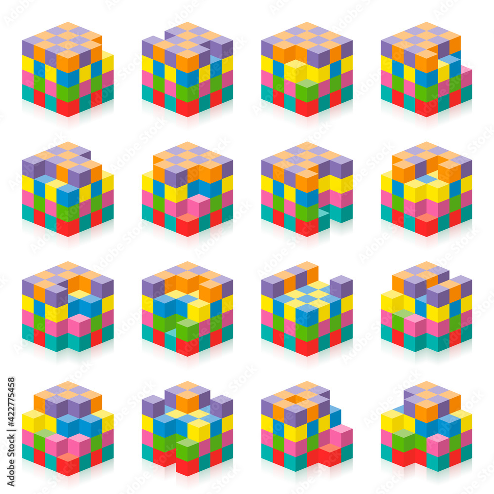 Cube with missing cubes from 1 to 16. Three-dimensional spatial ...