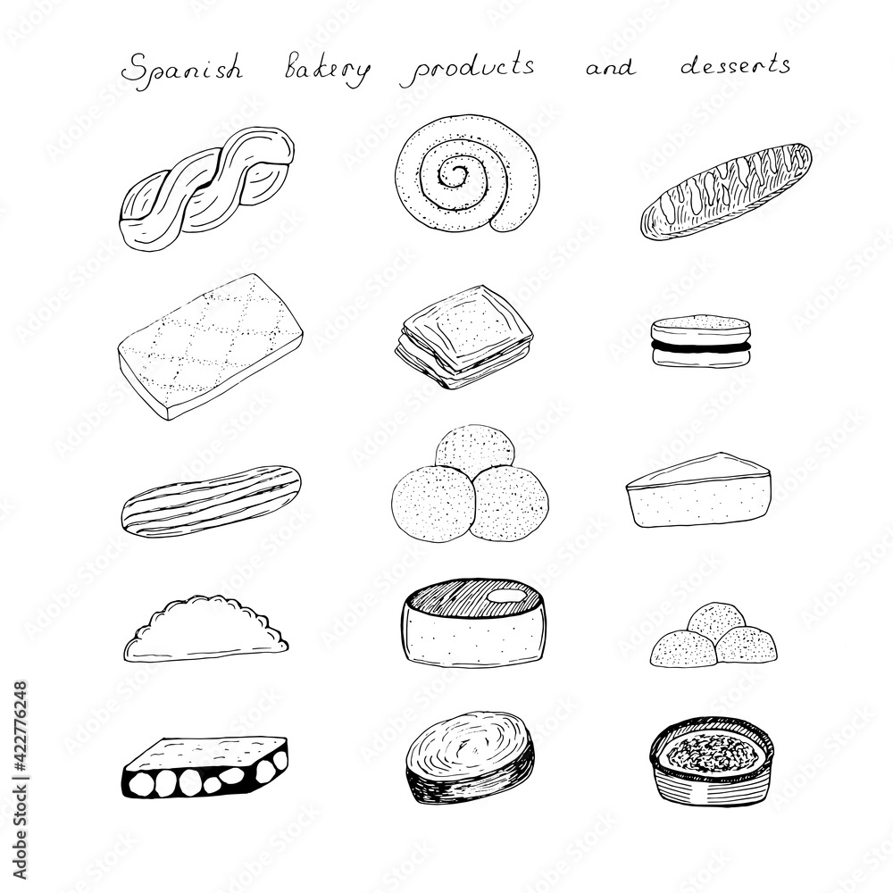 Set of Spanish pastries and desserts, vector illustration, hand drawing ...