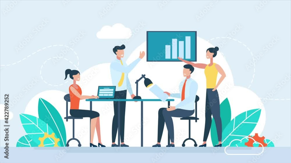 Workplace, Teamwork, Illustration, workers are sitting at the ...