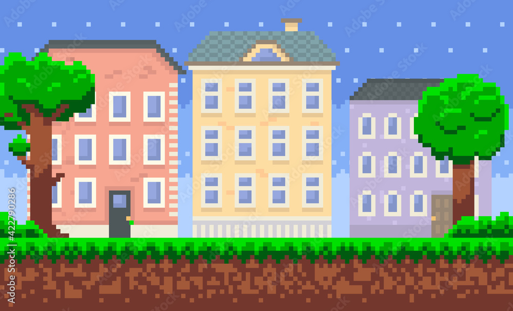 House surrounded by green spaces and plants. Building with many windows ...