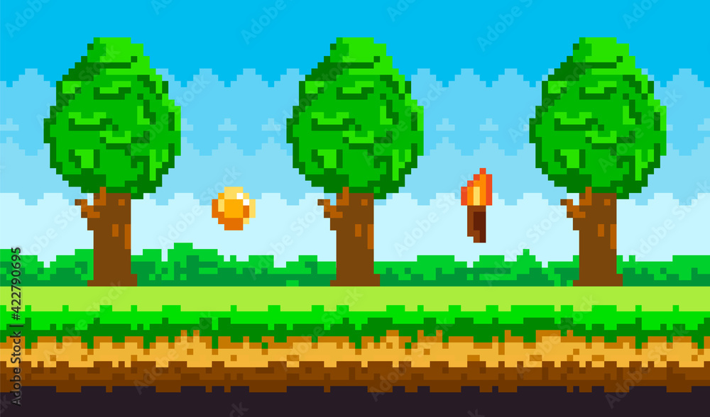 Pixel-game background with coins flying in sky. Pixel art game scene ...