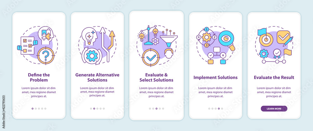 Problem solving steps onboarding mobile app page screen with concepts. Decision making process ...