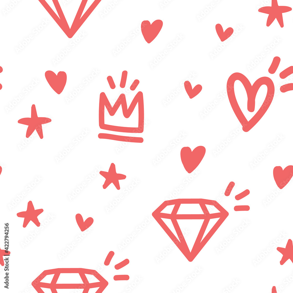 Hearts, stars, crowns and diamond doodles seamless pattern. Cute hand ...
