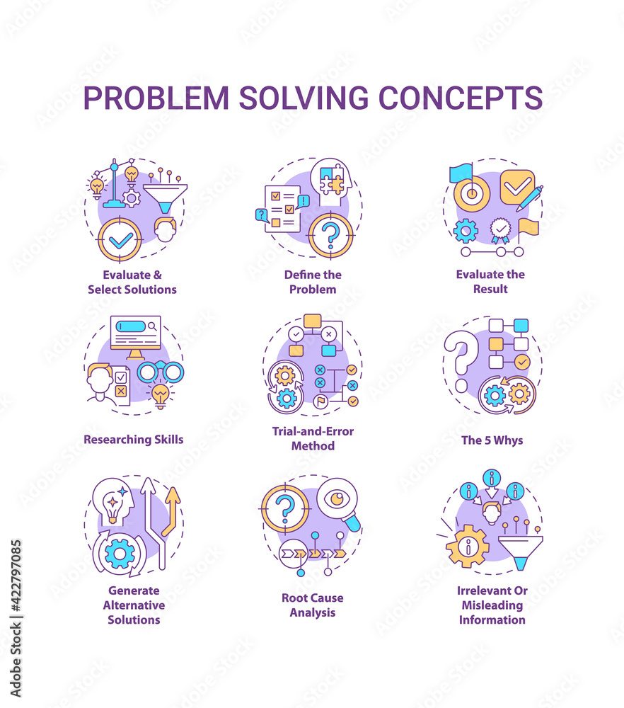 Problem solving concept icons set. Evaluate and select solution ...