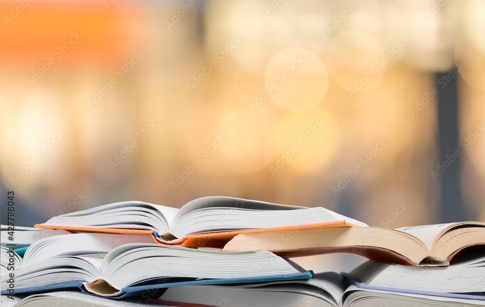 Open books collection on a school board background. Stock-Foto | Adobe ...
