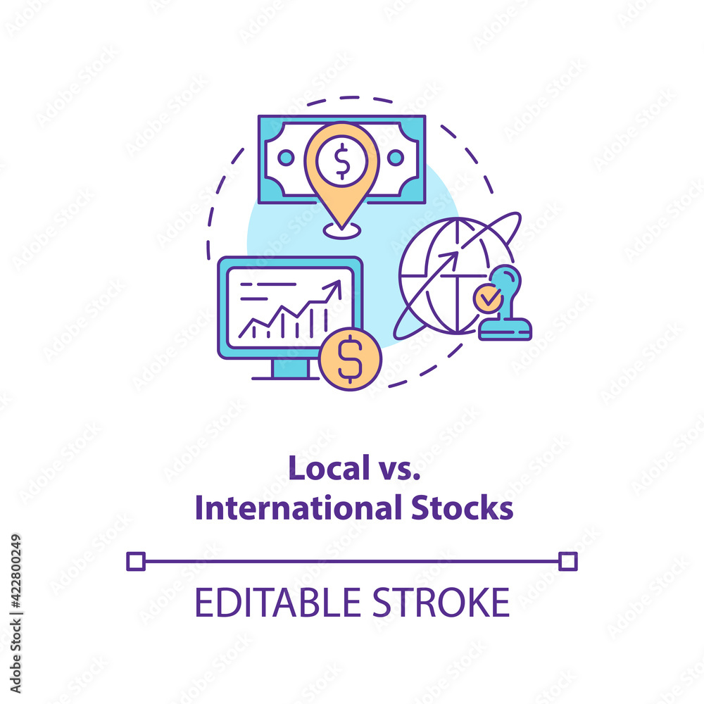 Local vs. international stocks concept icon. Stock type idea thin line ...