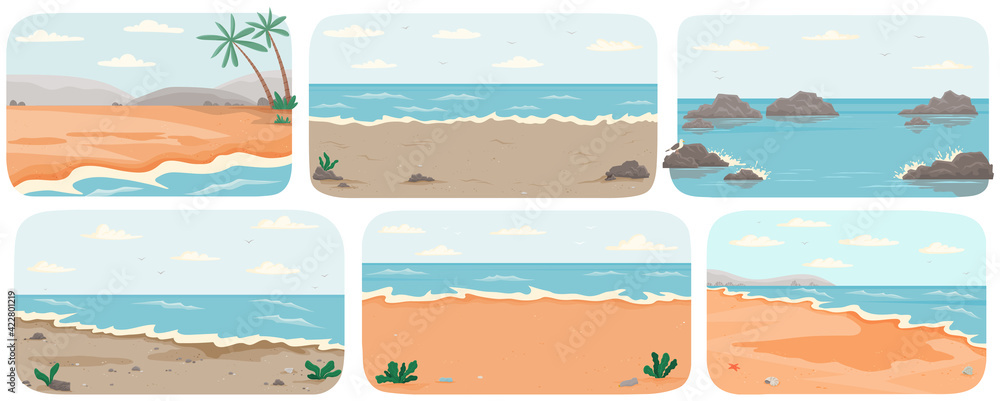 Set of illustrations with sea landcapes. Coastline with ocean and waves ...