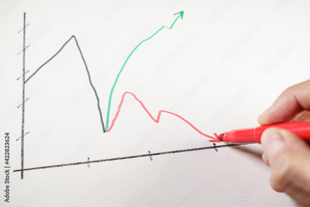 Hand drawing a red arrow on a line chart showing a K-shaped recovery of ...