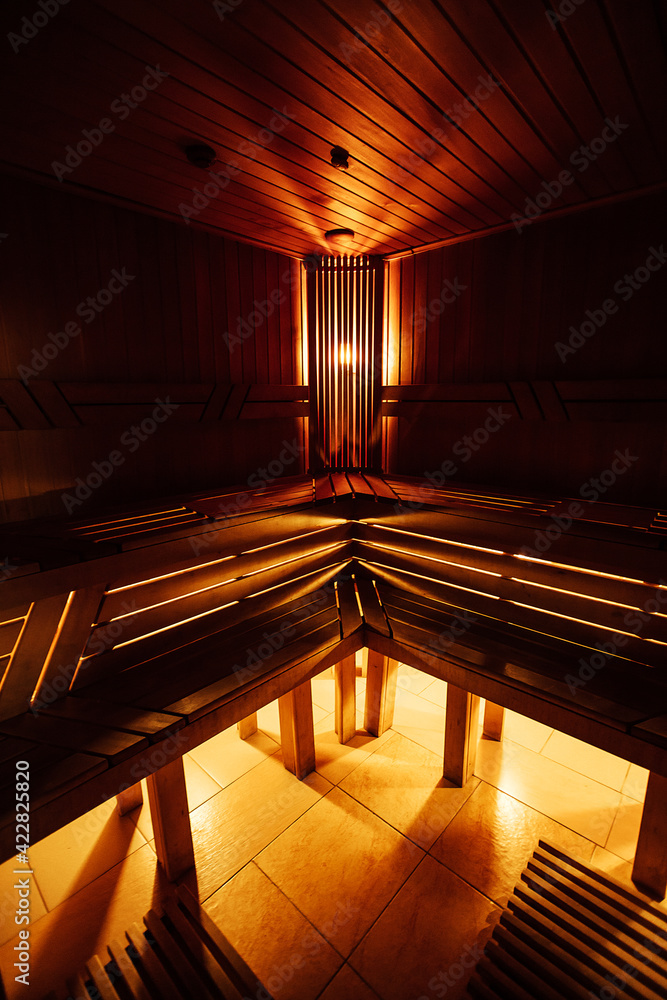 sauna with beautiful lighting. steam room in a traditional Finnish ...