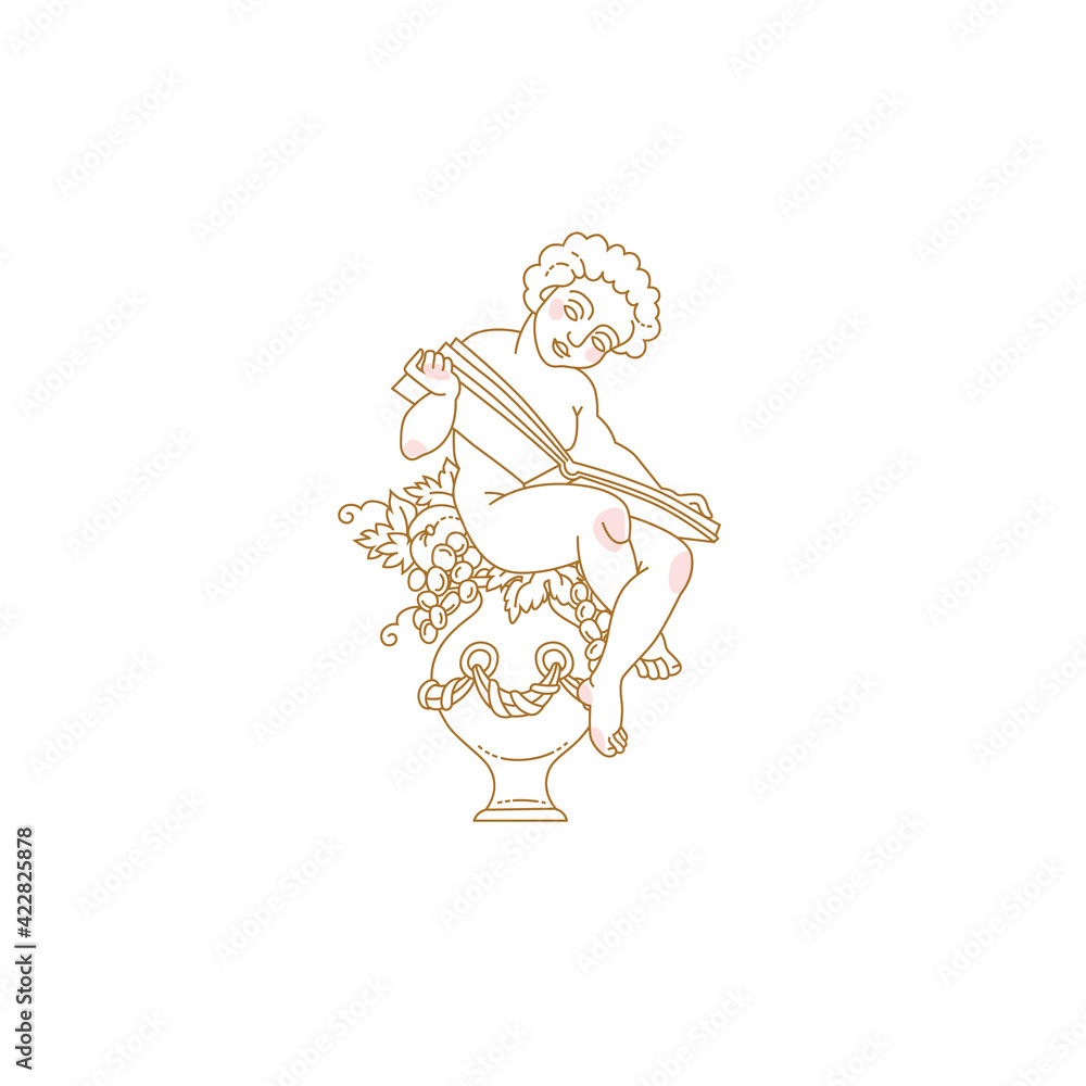 Cupid. A little boy with curls, a book, and a vase full of fruits ...