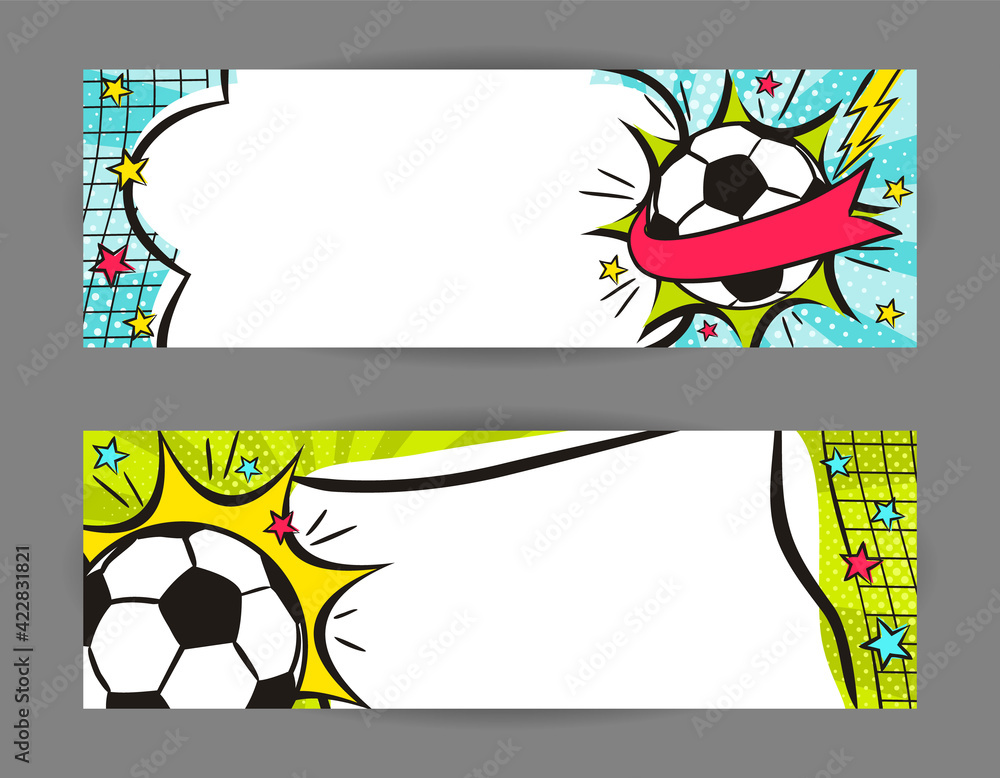 Bright pop art banners for Soccer with ball, net and stars. Cartoon ...