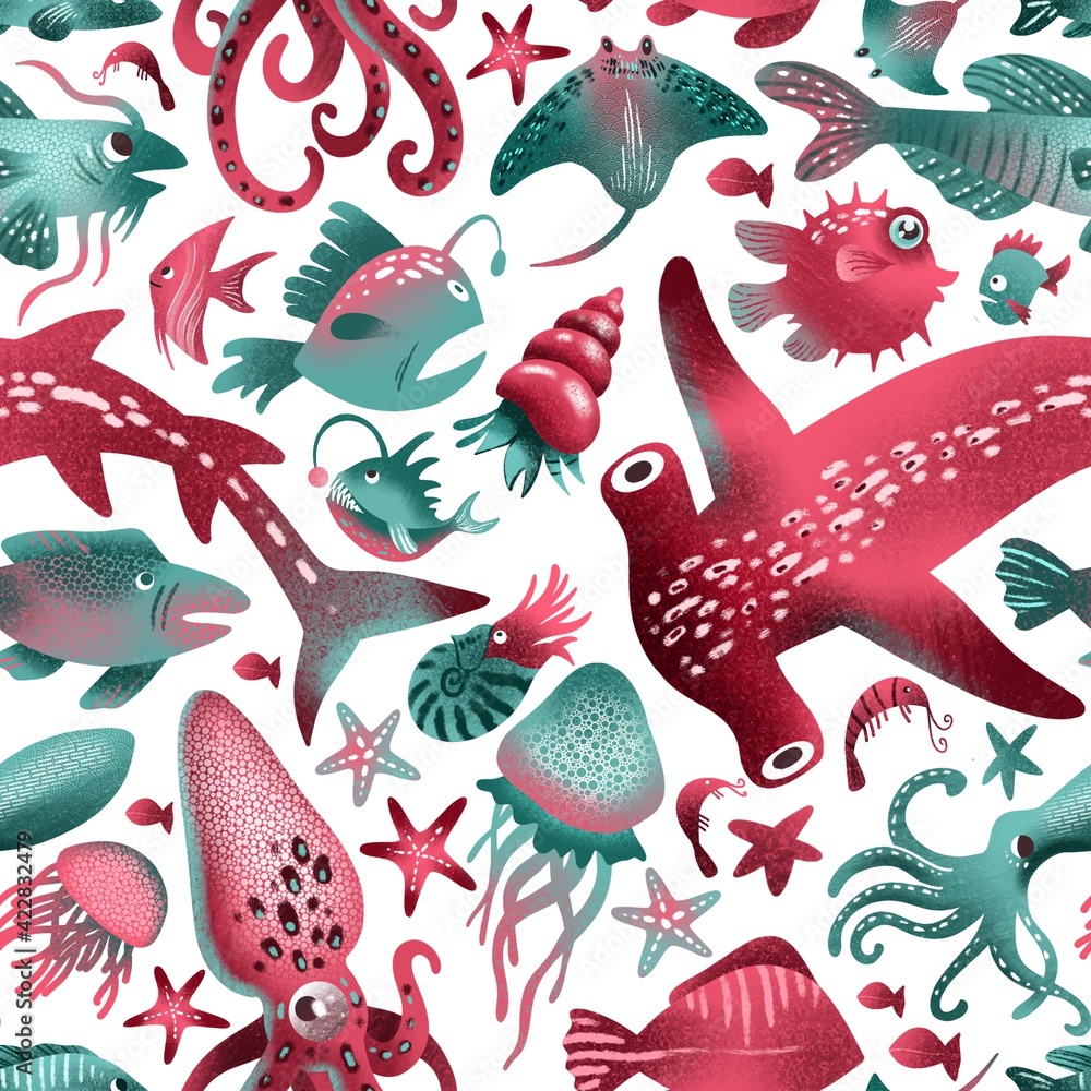 Seamless pattern of marine life on a white isolated background. Octopus ...