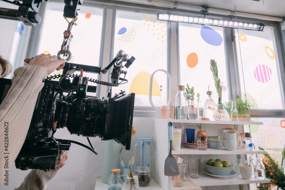 Professional film and video camera on the set. Shooting shift ...