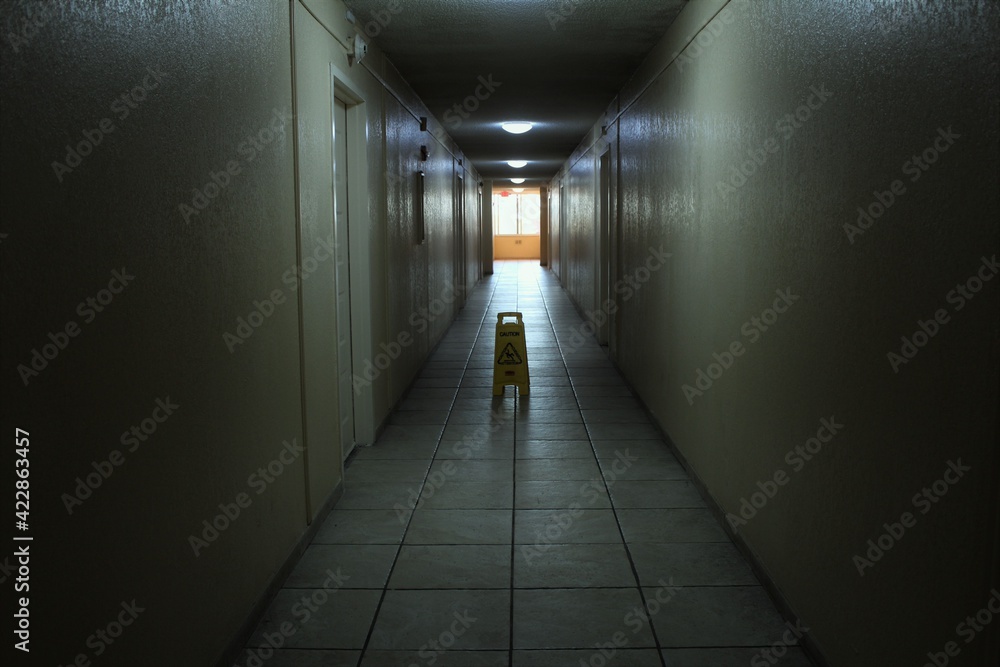 Creepy and scary looking hallway in an abandoned apartment building. A ...