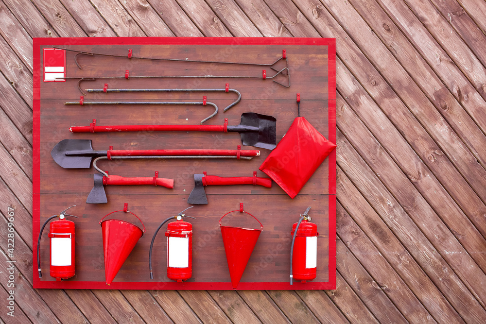 fireman shield with fire fighting and safety tool, hanging set of ...