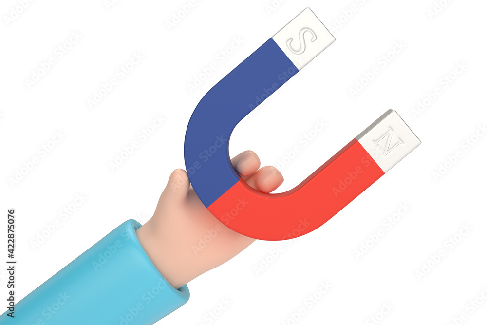 Cartoon hand holding magnet isolated on white background 3D ...
