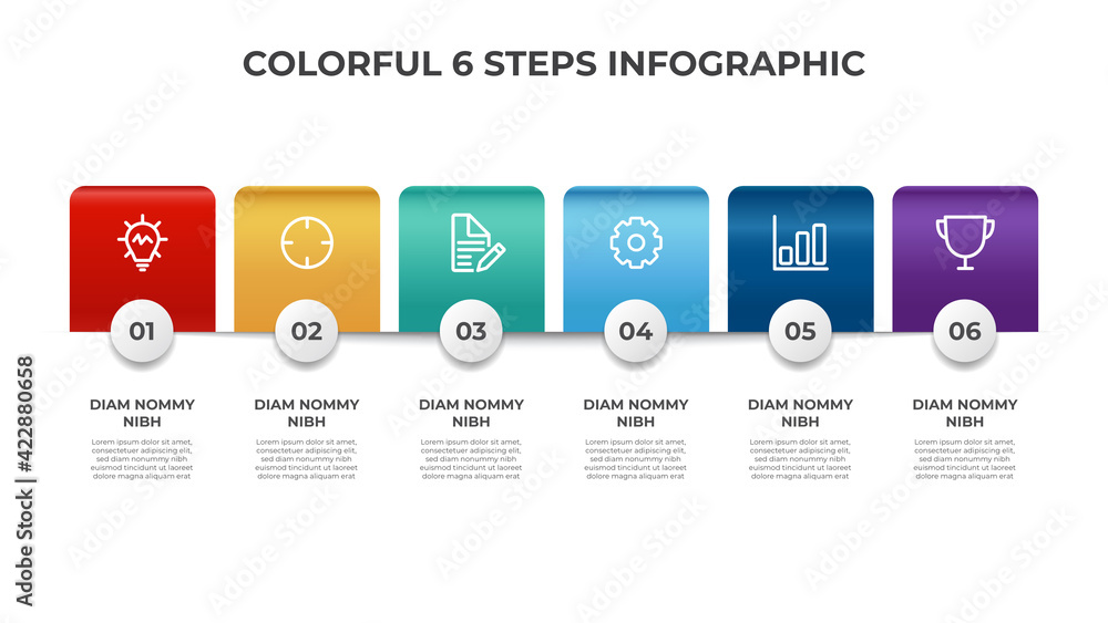 Colorful 6 points of list diagram, steps with horizontal layout ...
