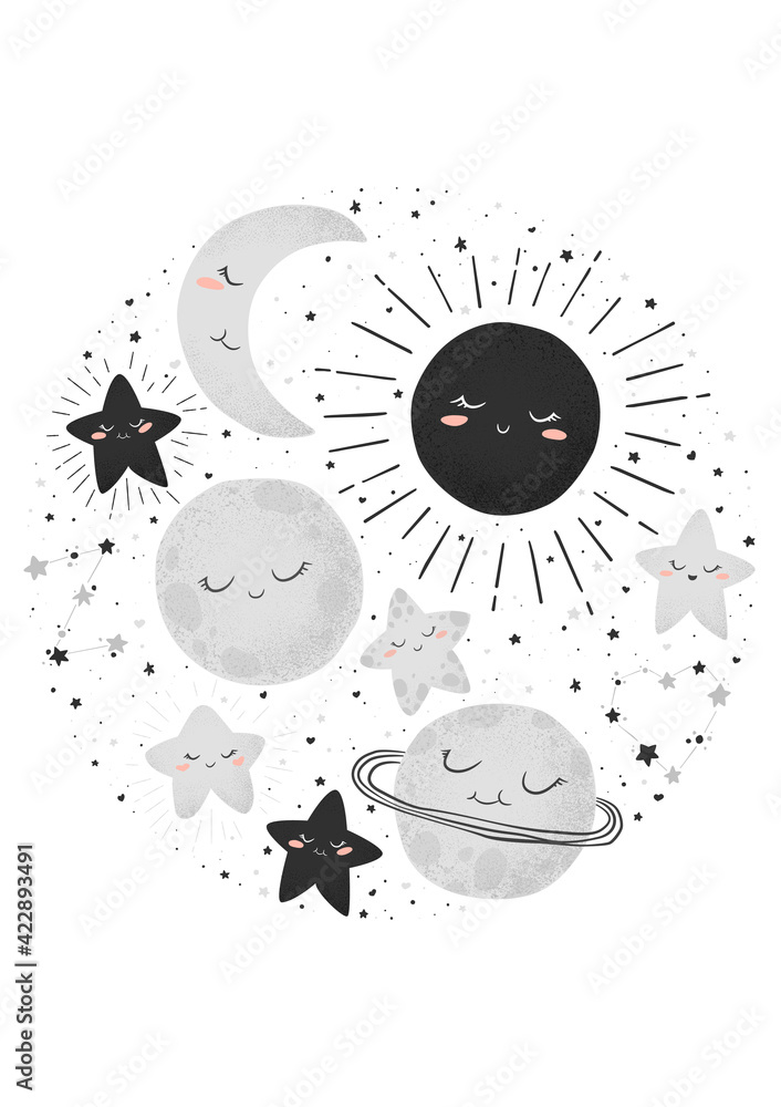 Vector illustration with cute hand drawn cartoon space objects sun ...