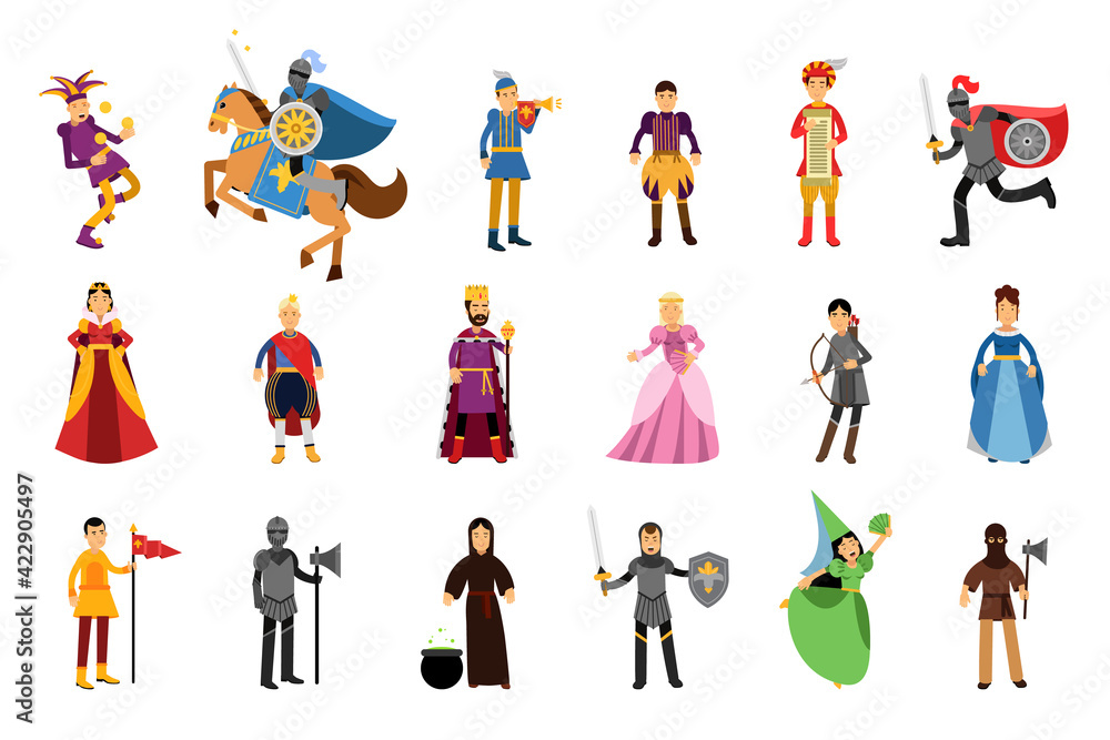Medieval People Characters with Herald and Jester Vector Illustration ...