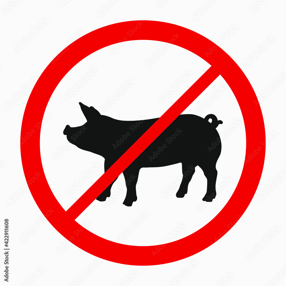 Pig ban sign, Pork free. Forbidden pig symbol. Red crossed circle ...