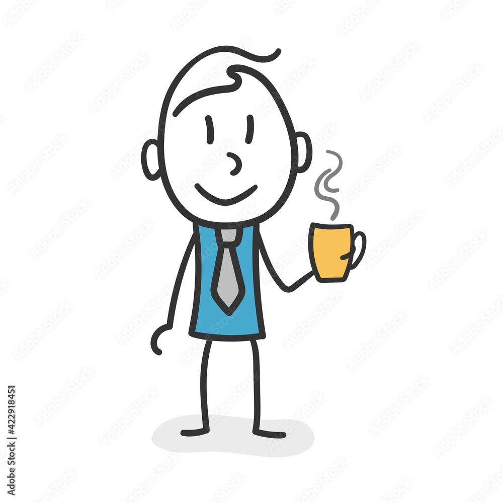 Stick man makes a coffee break. Concept of resolute stick man taking a ...