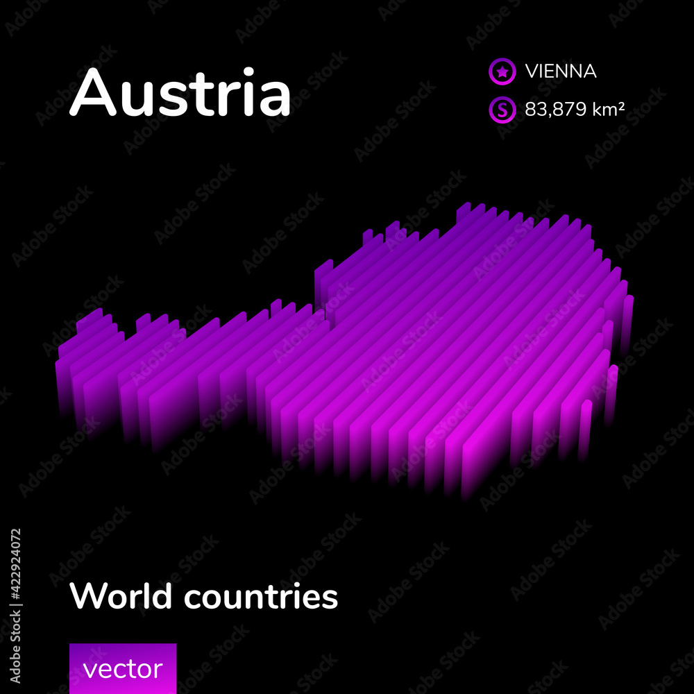 Stylized neon digital isometric striped vector Austria map with 3d ...
