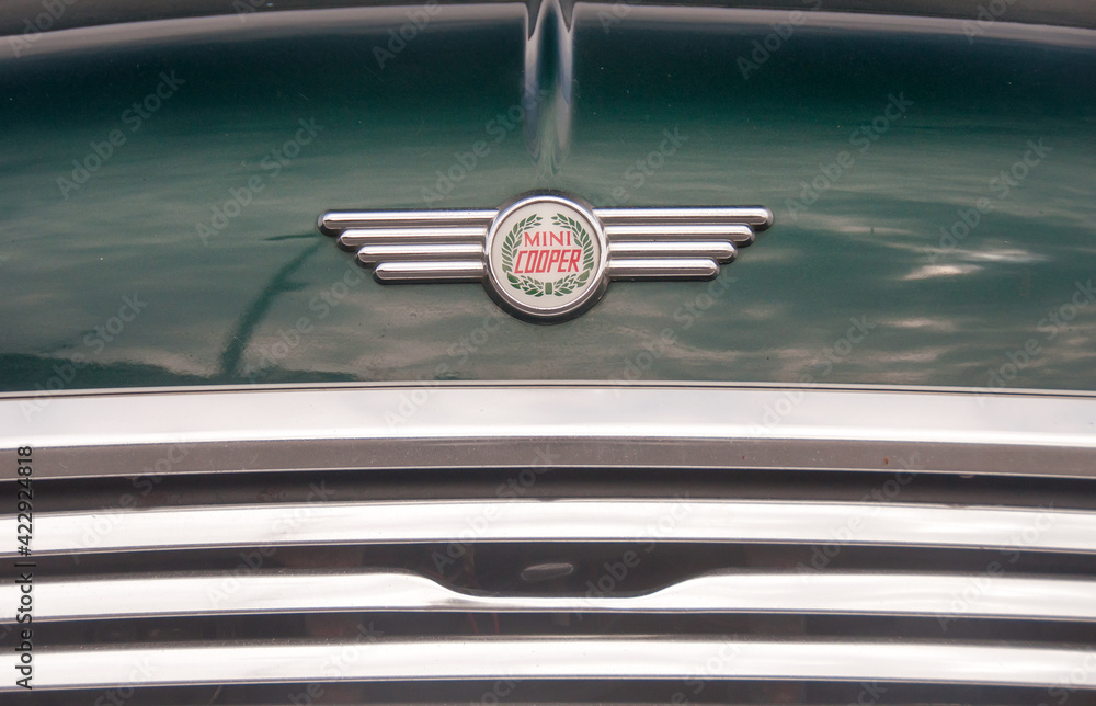 Mugello, Italy - May, 2013: Classic logo of Mini Cooper car..Front ...