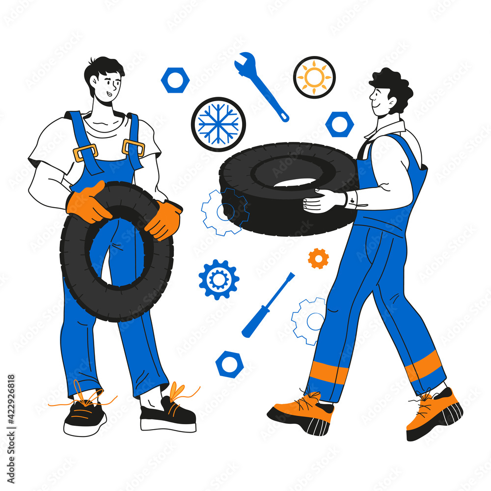 Auto mechanic cartoon characters with wheels, cartoon vector ...