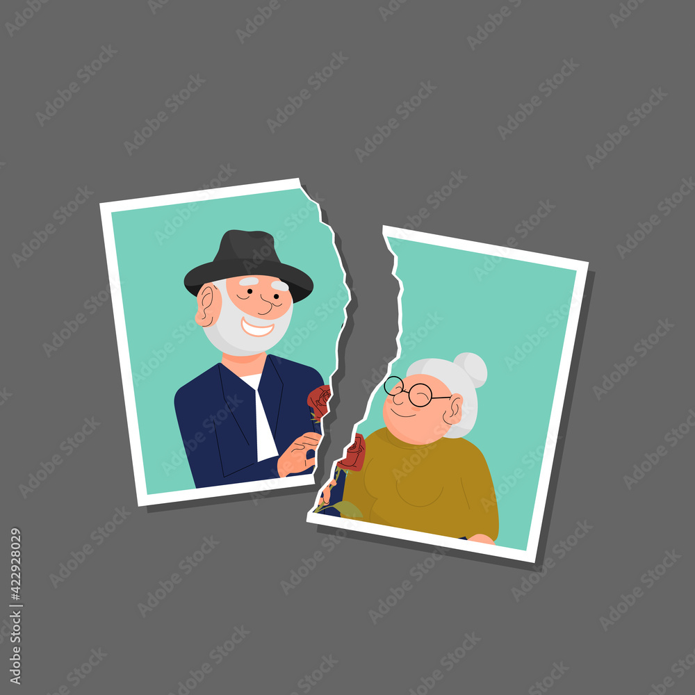 Torn photo of elderly couple template. Divorce, break up, end of ...