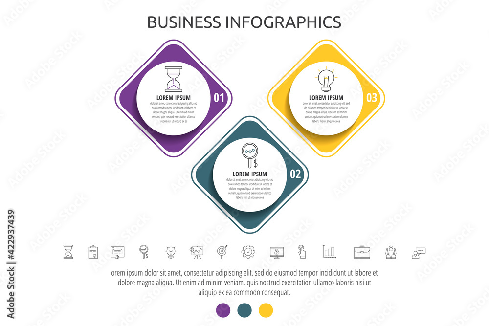 Modern and simple flat vector circles infographic with 3 steps, rhombus ...