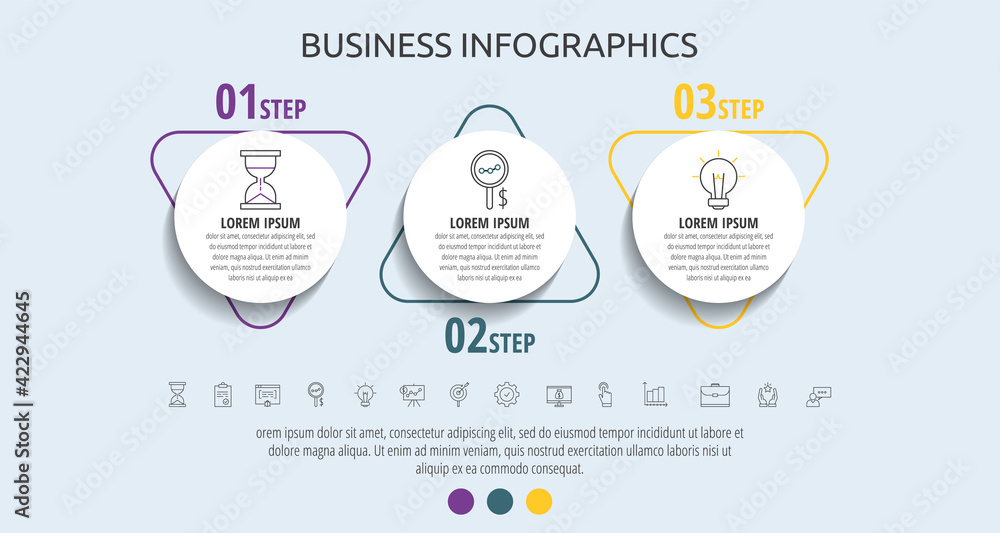 Modern and simple flat vector circles infographic with three steps ...