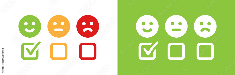 Customer satisfaction concept vector. Ticking smiley emoji sign icon ...