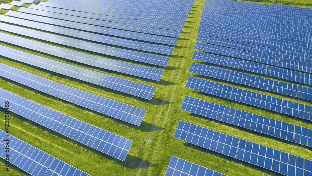 Solar Energy CO2 Free Aerial View Of Solar Panels Plant System Field ...