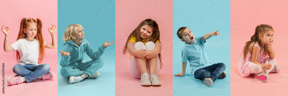 Young and happy kids gesturing isolated on multicolored studio ...