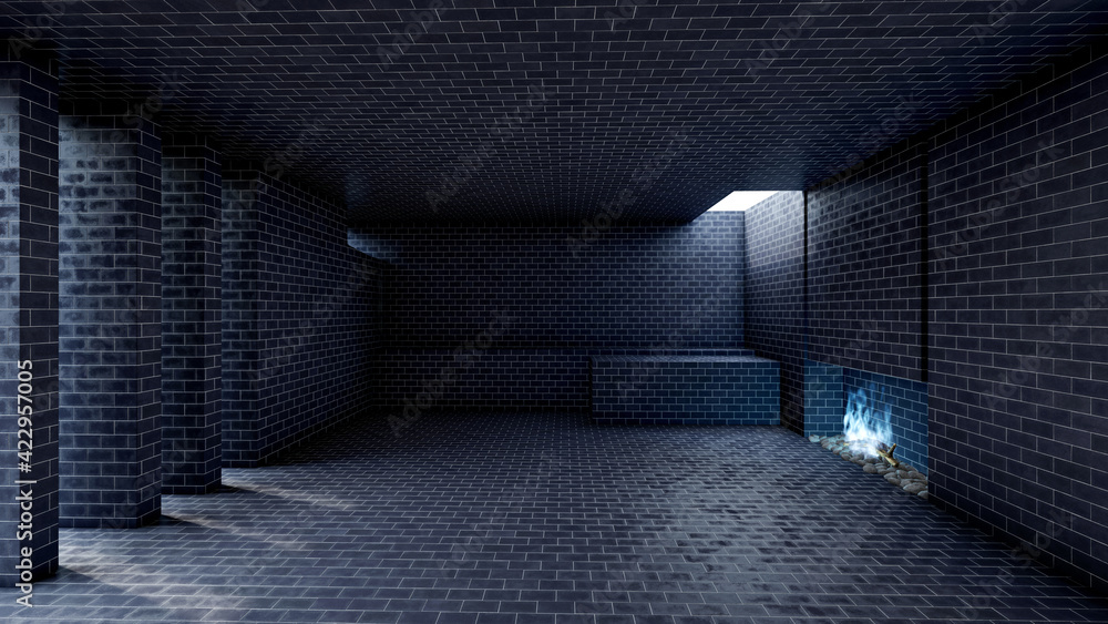 Interior of Dark Modern Empty Hall Open Space with Fireplace and Blue ...