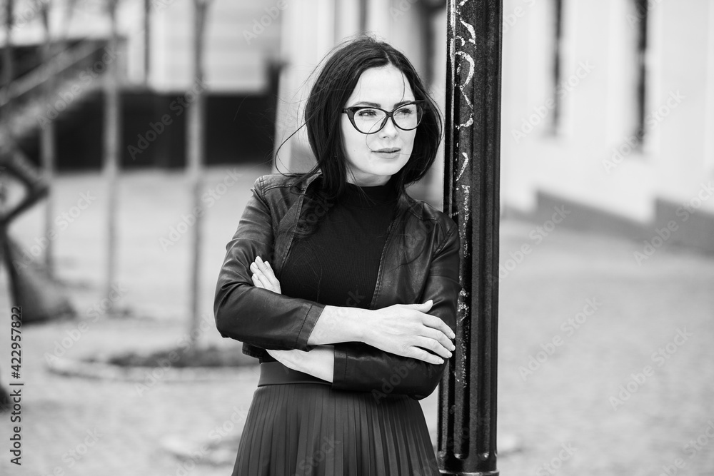 Beautiful Russian Girl Dressed In Black Leather Clothes And Eyeglasses 6982