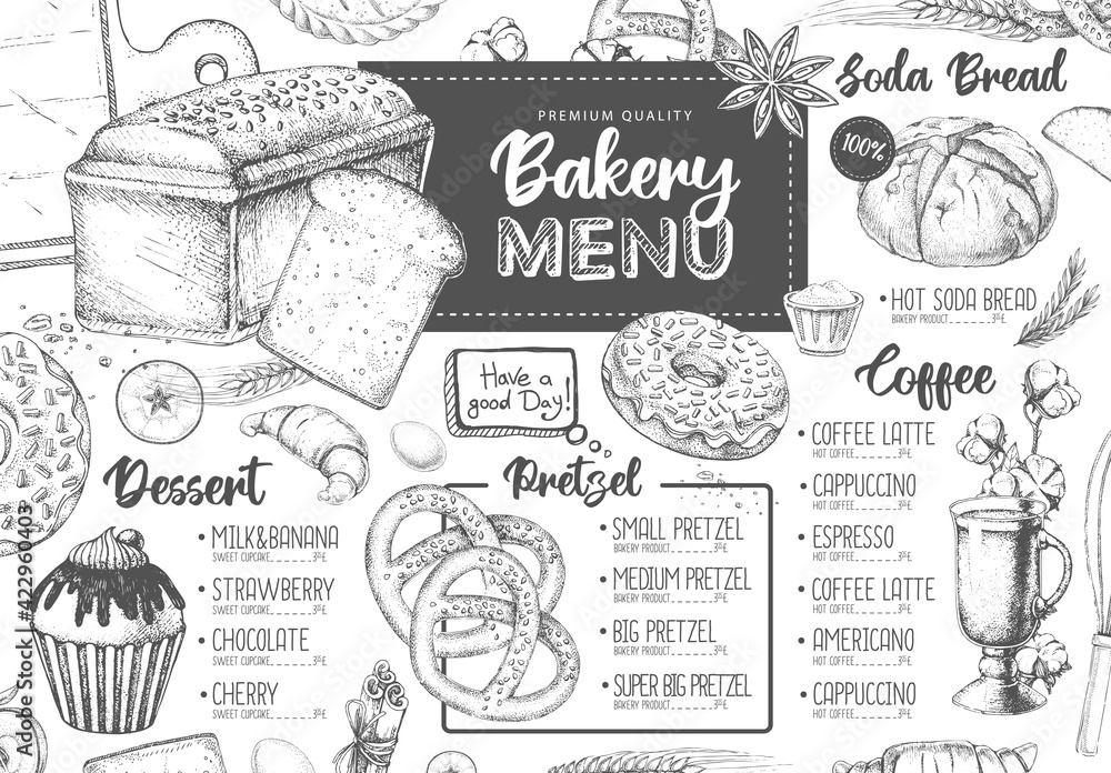 Restaurant bakery design. Decorative sketch of bread and dessert. Stock ...
