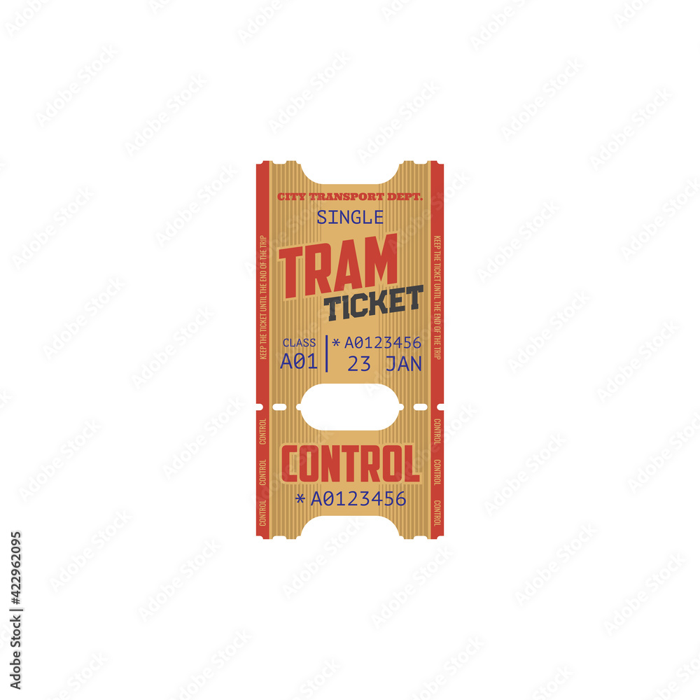 Tram ticket paper card with mention of class, numbered boarding pass ...