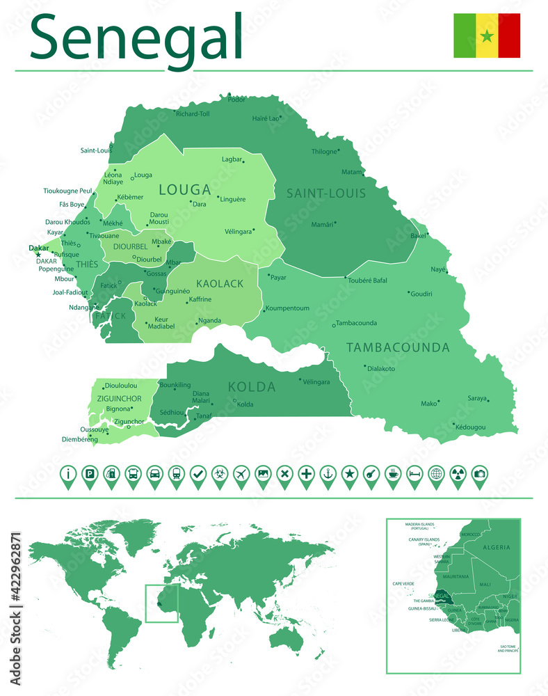 Senegal detailed map and flag. Senegal on world map. Stock Vector ...