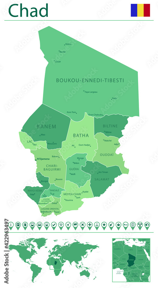 Chad detailed map and flag. Chad on world map. Stock Vector | Adobe Stock