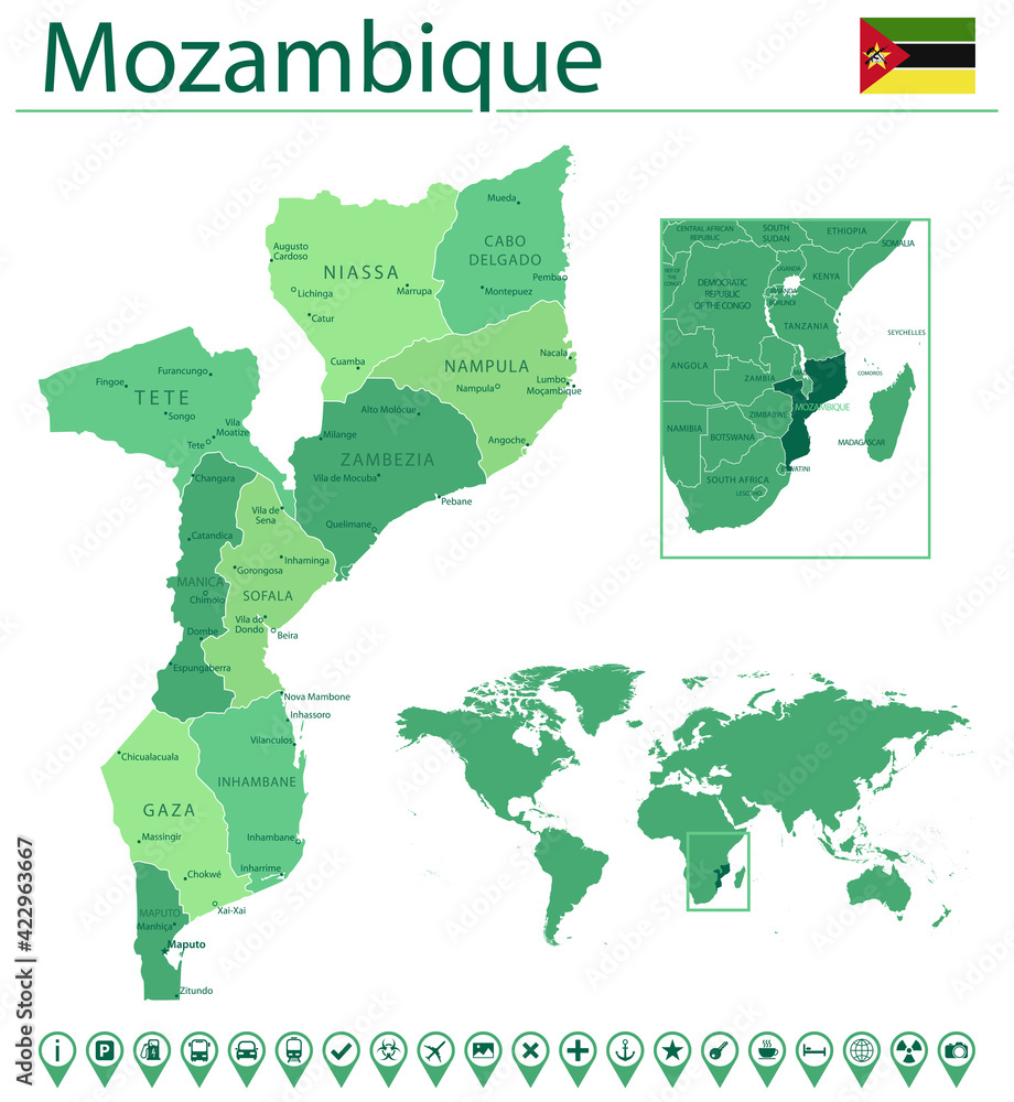 Mozambique detailed map and flag. Mozambique on world map. Stock Vector | Adobe Stock