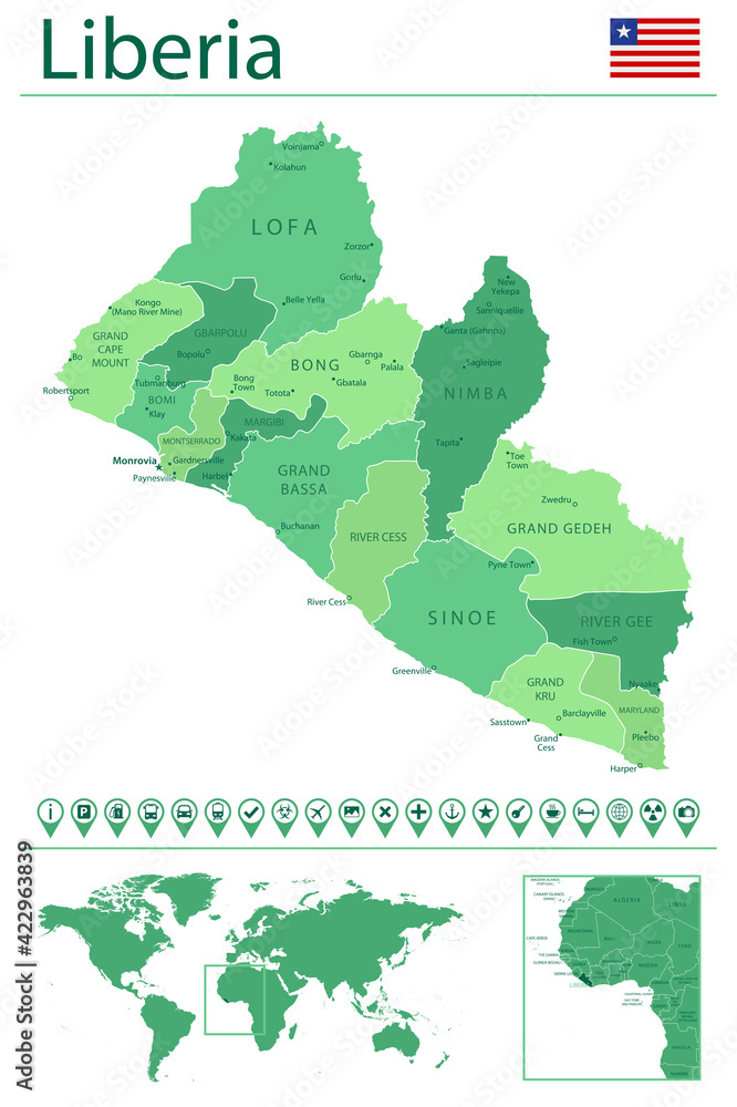 Liberia detailed map and flag. Liberia on world map. Stock Vector ...