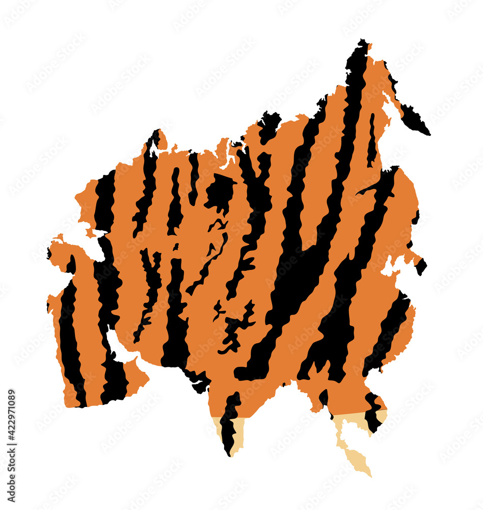 Tiger skin pattern vector illustration over Asia map silhouette ...